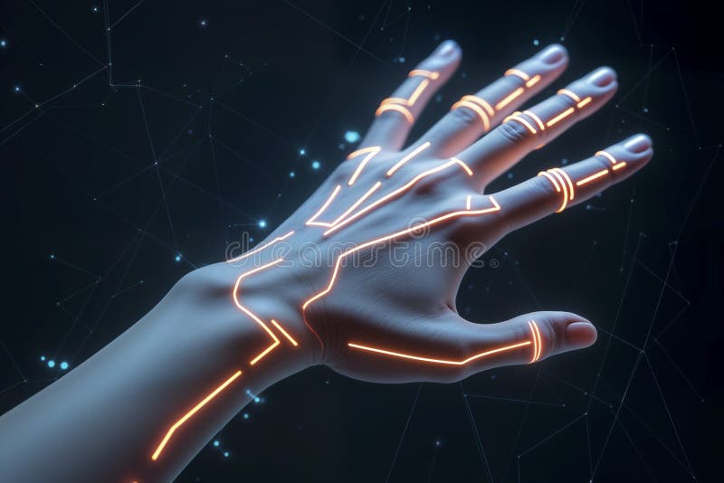 Futuristic Cybernetic Hand with Glowing Circuits in a Digital Network ...