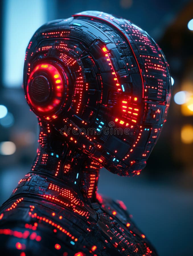 Futuristic Cybernetic Humanoid with Illuminated Circuitry in Urban ...