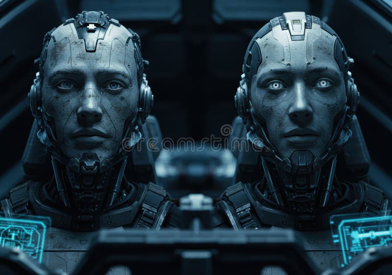 Futuristic Cybernetic Humanoids in High-tech Control Room with Digital ...