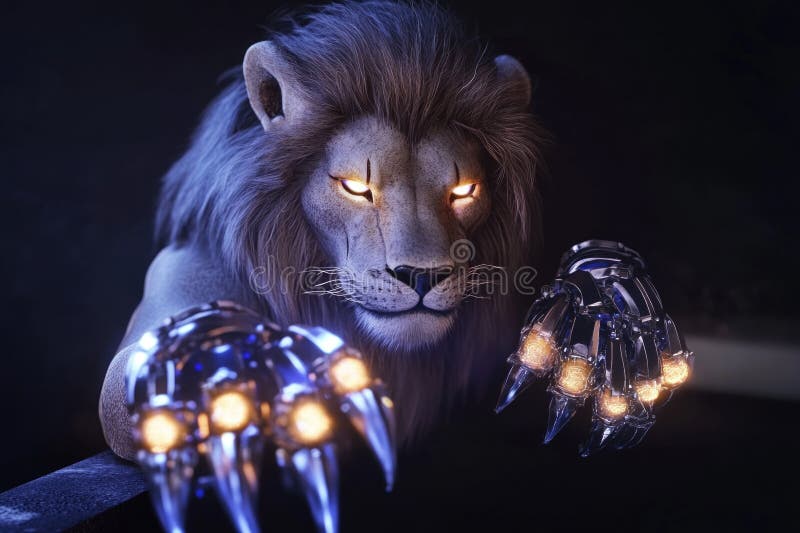 Futuristic Cybernetic Lion with Glowing Robotic Claws in Dimly Lit ...