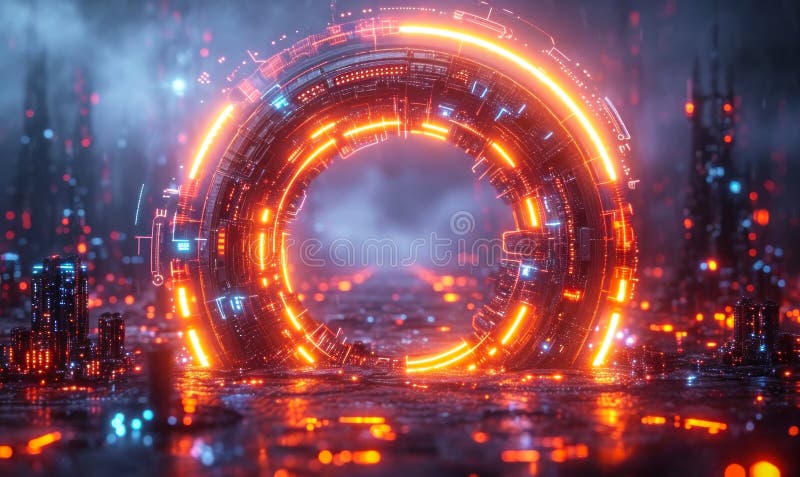 Futuristic Cybernetic Portal with Glowing Neon Lights and Digital ...