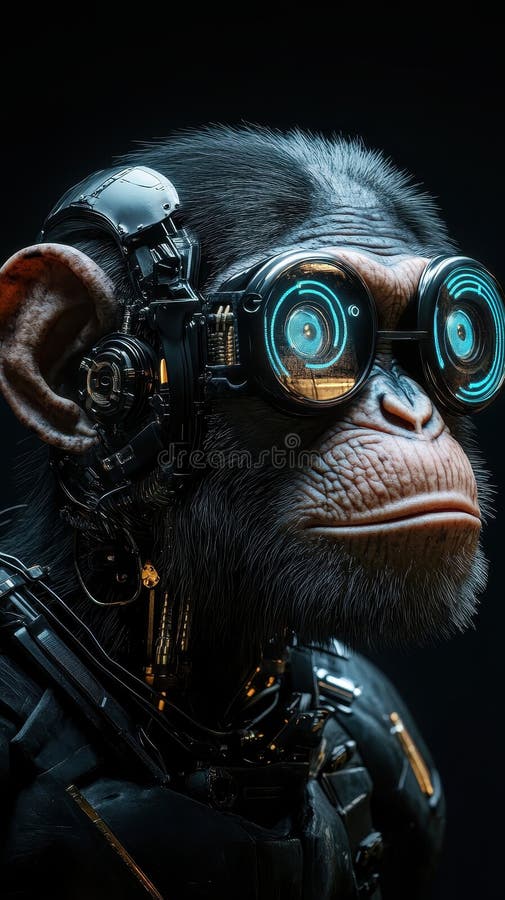 Futuristic Cybernetically Enhanced Ape with High-Tech Goggles in a Dark ...