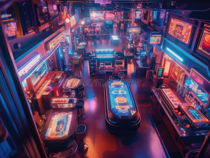 Futuristic Cyberpunk Arcade with Hitech Games Stock Illustration ...