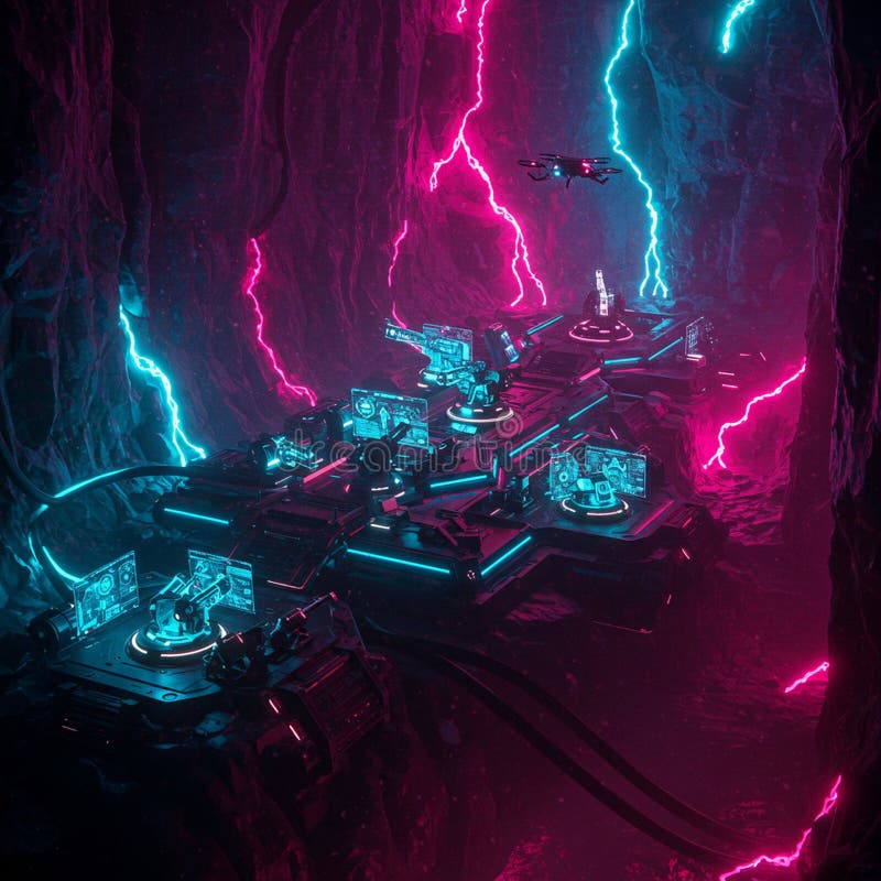 Futuristic Cyberpunk Base Inside Cave with Drone and Neon Lightning ...