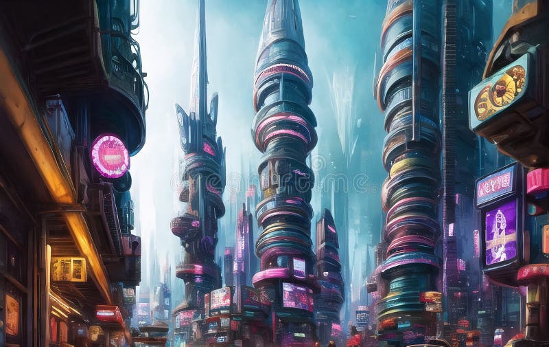Nighttime Cyberpunk City Illustration. Neon Bright Lights Landscape ...