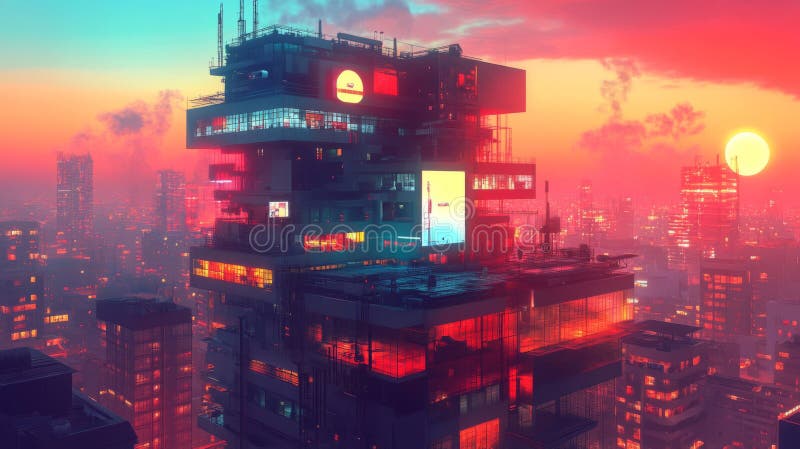 Futuristic Cyberpunk City at Sunset Stock Illustration - Illustration ...