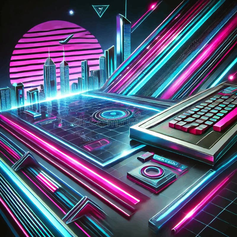 Futuristic Cyberpunk Cityscape with Neon Grid and Technology Elements ...