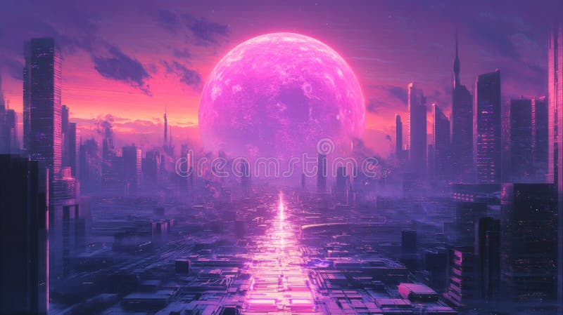 Futuristic Cyberpunk Cityscape with Neon Pink Moon Stock Photo - Image ...