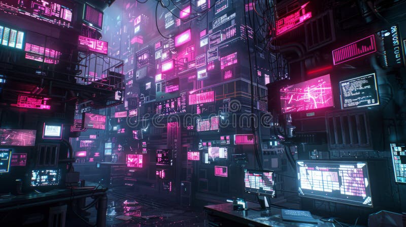 Futuristic Cyberpunk Cityscape with Neon Signs and Screens Illuminating ...