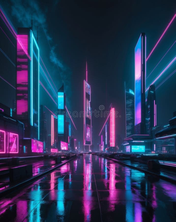 Futuristic Cyberpunk Cityscape at Night with Neon Lights. Stock Image ...