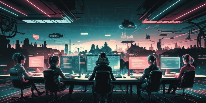 Futuristic Cyberpunk Command Center with Busy Team and Cityscape View ...