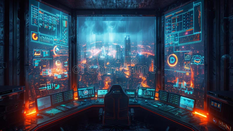 Futuristic Cyberpunk Control Room Overlooking a Neon Cityscape ...