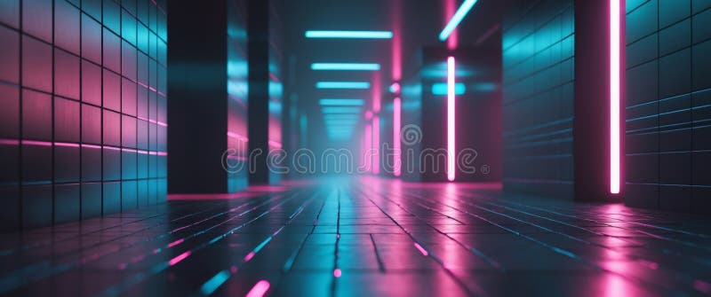 Futuristic Cyberpunk Corridor with Dark Metallic Textures and Neon ...