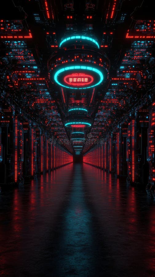 A Futuristic Cyberpunk Corridor with Neon Red and Blue Lights, Evoking ...