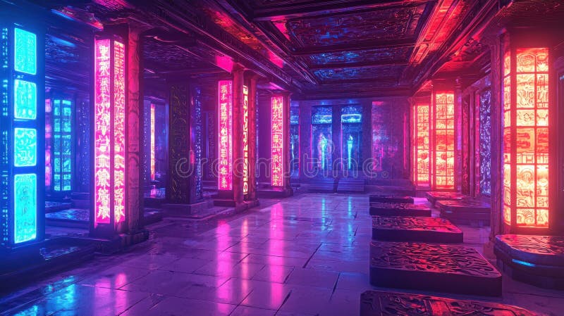 Futuristic Cyberpunk Corridor with Vibrant Neon Lights Stock ...
