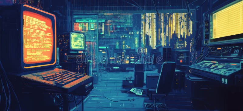 Futuristic Cyberpunk Data Center with Glowing Screens, Vintage ...