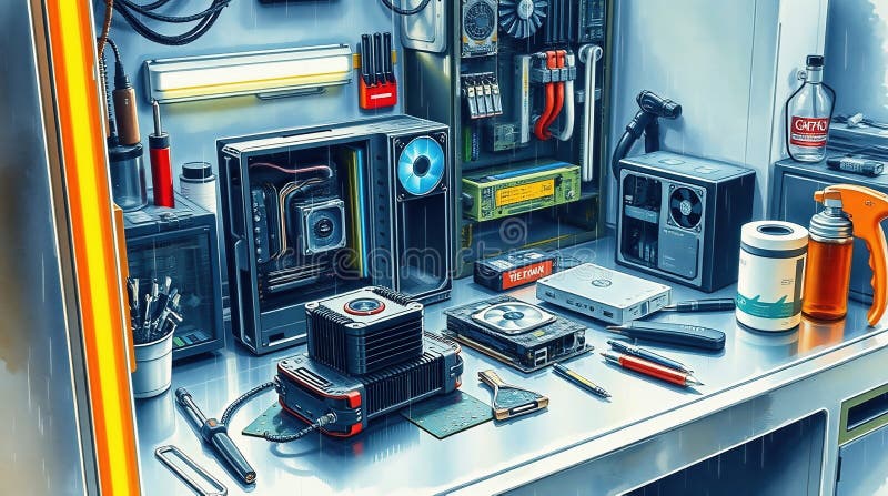 Futuristic Cyberpunk Electronics Repair Workstation Stock Illustration ...