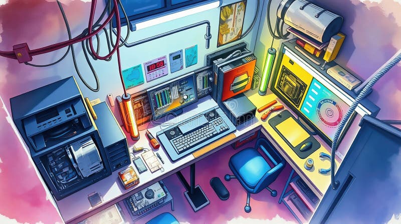 Futuristic Cyberpunk Electronics Repair Workstation Stock Illustration ...