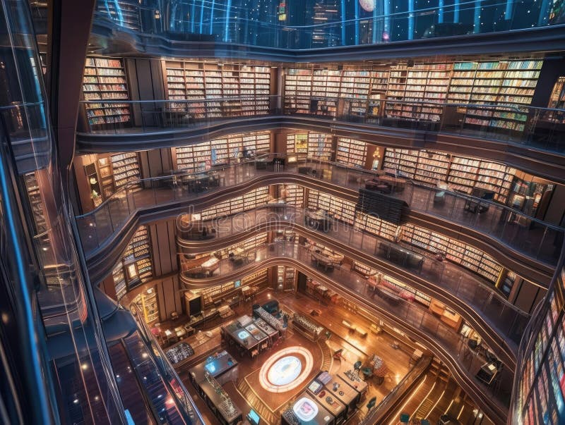 Cyberpunk Library with ARVR Books Stock Illustration - Illustration of ...