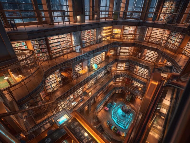 Futuristic Cyberpunk Library with Hitech Tablets Stock Illustration ...