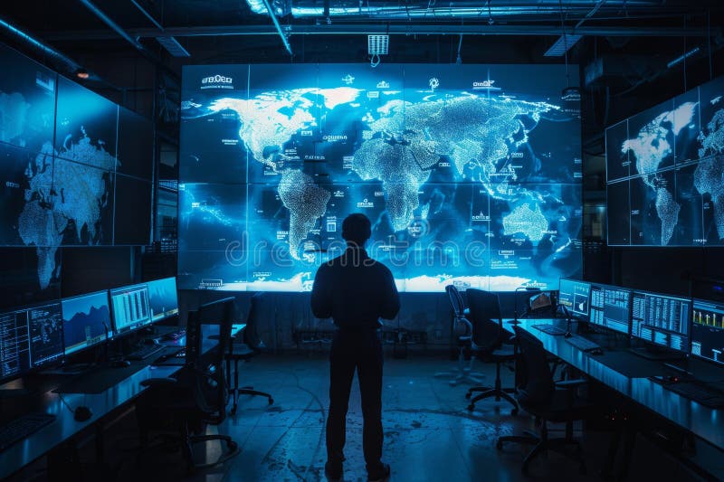 Futuristic Cyberpunk Office with Man, Digital Displays, and World Map ...