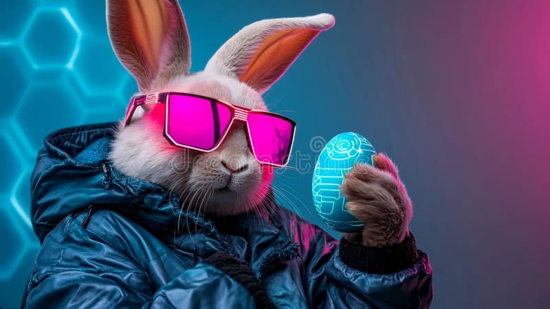Futuristic Cyberpunk Rabbit with Neon Glasses Holding Glowing Easter ...