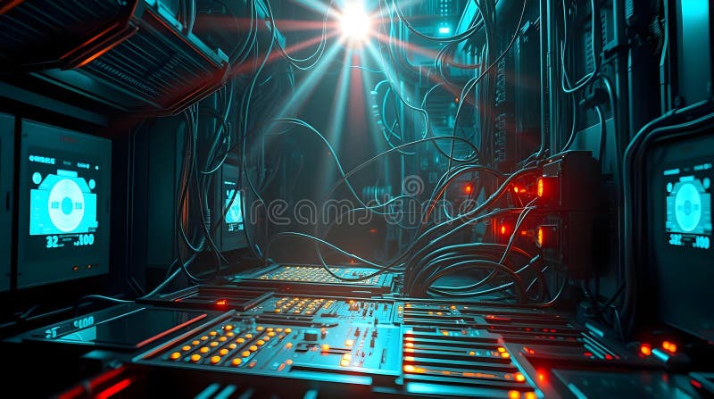 Futuristic Cyberpunk Server Room with Glowing Control Panels, Network ...