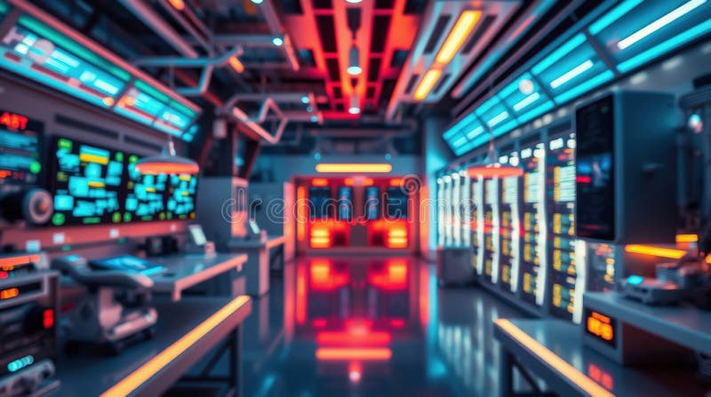 Futuristic Cyberpunk Server Room with Neon Lights Stock Illustration ...