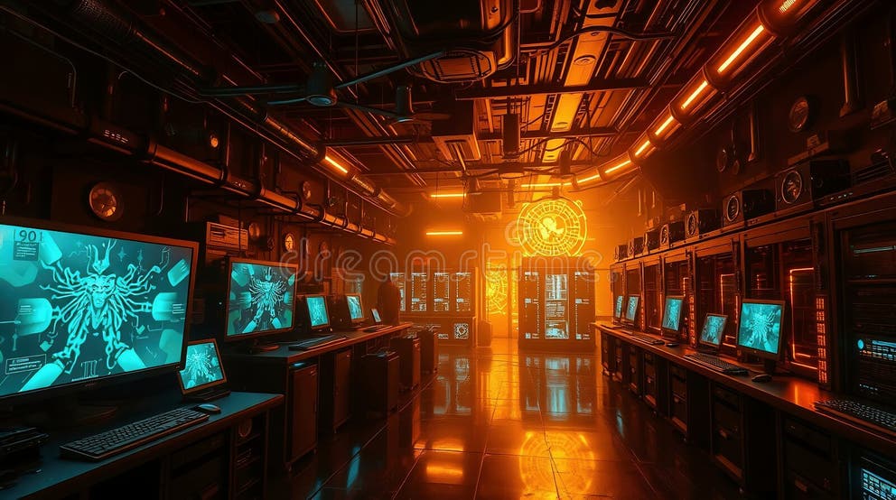 Futuristic Cyberpunk Server Room with Neon Lights Stock Illustration ...