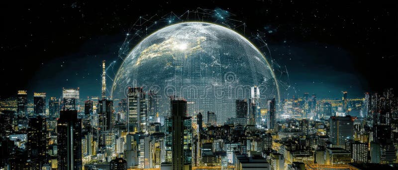 Futuristic Cyberpunk Skyline at Night with Augmented Reality Elements ...