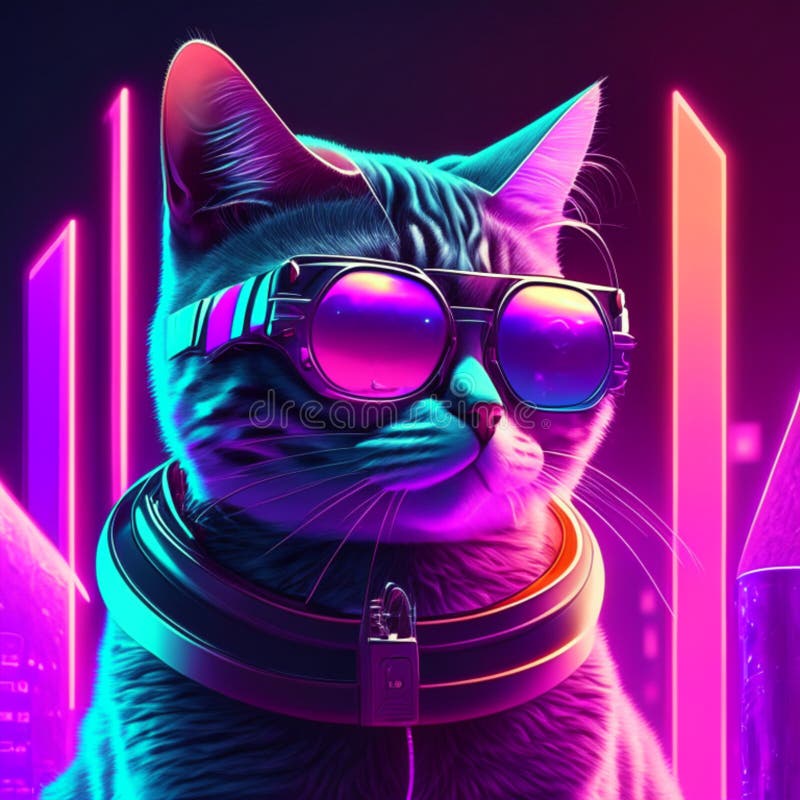 Futuristic Cyberpunk Style Portrait Of A Cat Wearing Futuristic Glasses