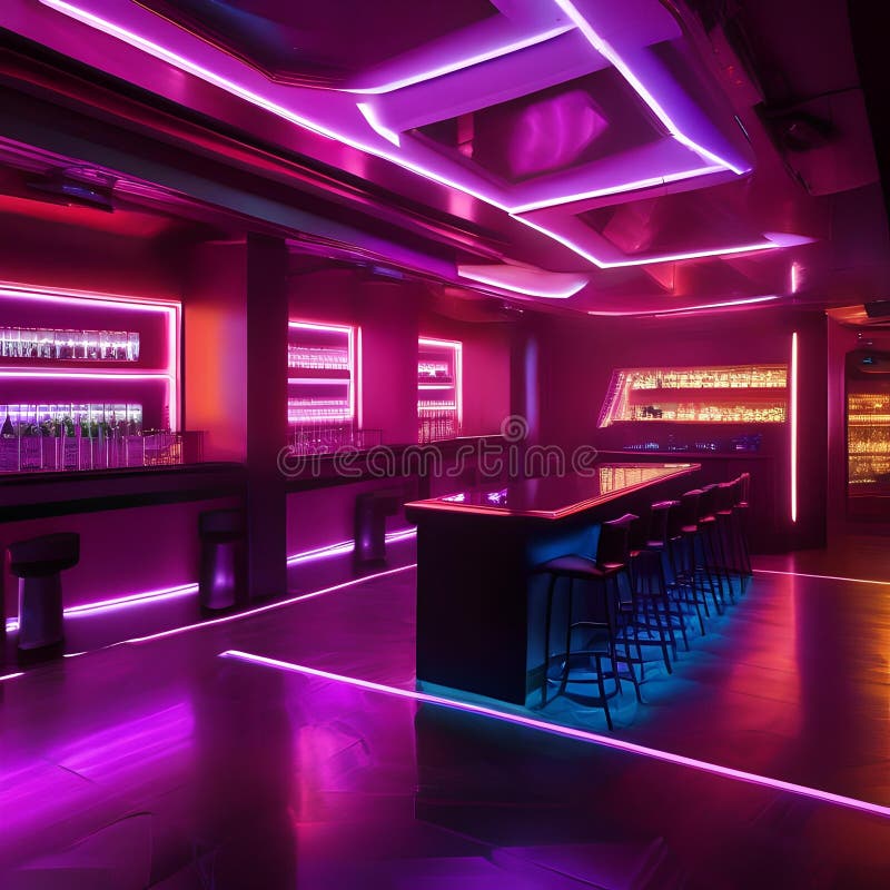 A Futuristic Cyberpunk Themed Nightclub With Neon Lights Interactive