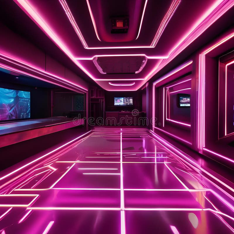 A Futuristic Cyberpunk Themed Nightclub With Neon Lights Interactive