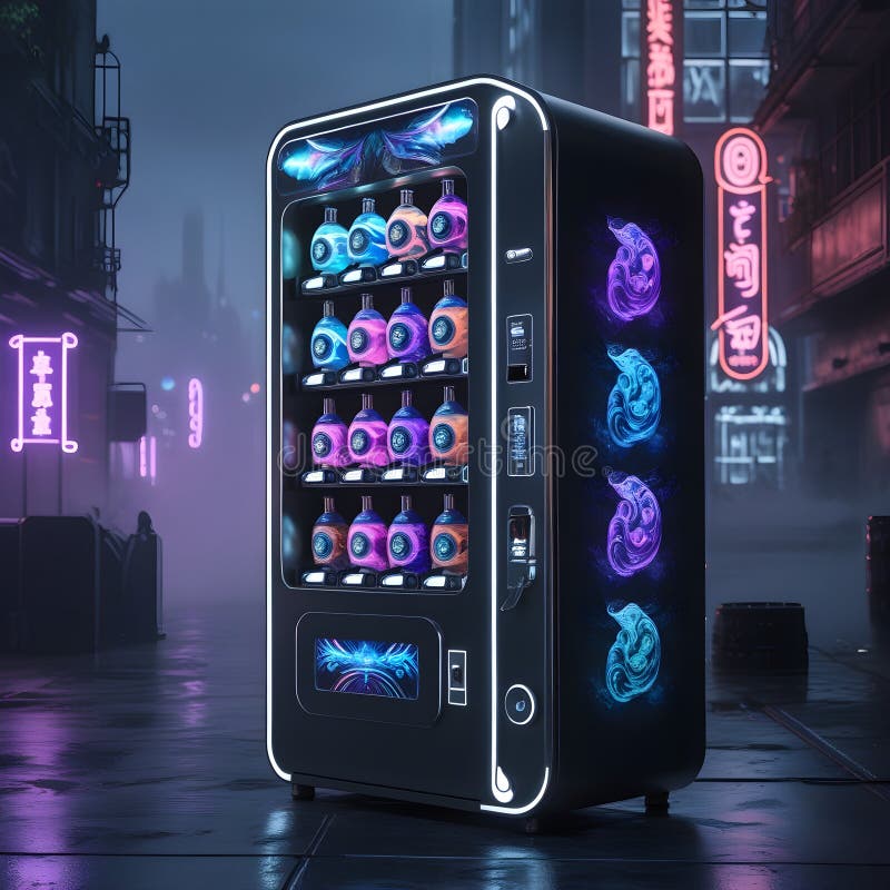 A Cyberpunk Vending Machine with Exotic, Futuristic Drinks in Glowing ...
