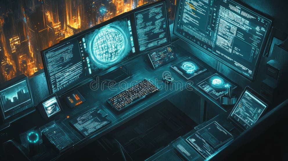 Cyberpunk AI Workstation stock illustration. Illustration of interface ...