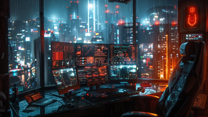 Futuristic Cyberpunk Workspace with Multiple Screens, Generative AI ...