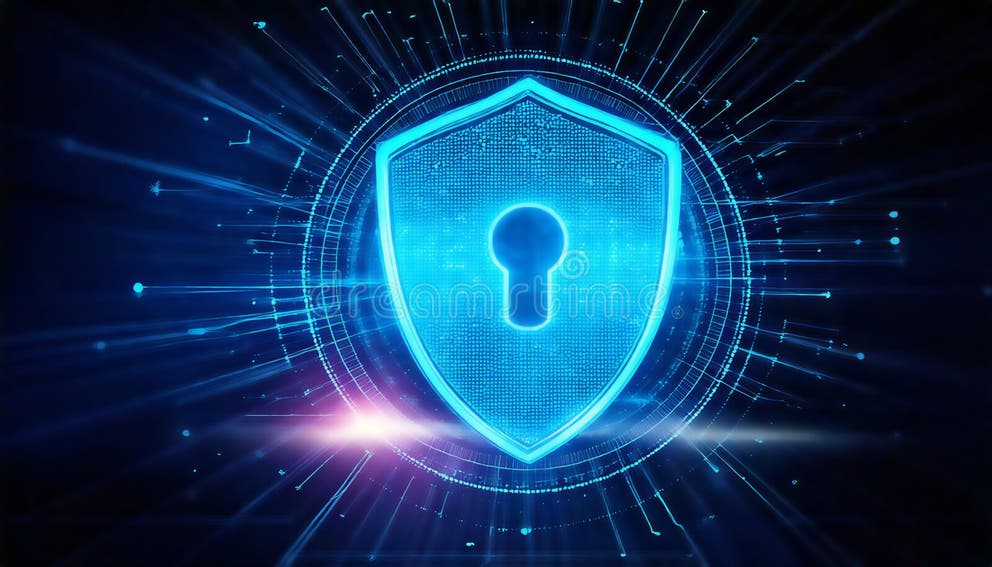 Futuristic Cybersecurity Concept with a Bright Blue Shield and Keyhole ...
