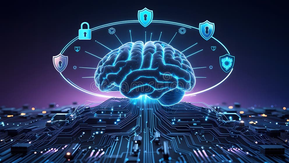 Futuristic Cybersecurity Concept Featuring Digital Brain Stock Image ...