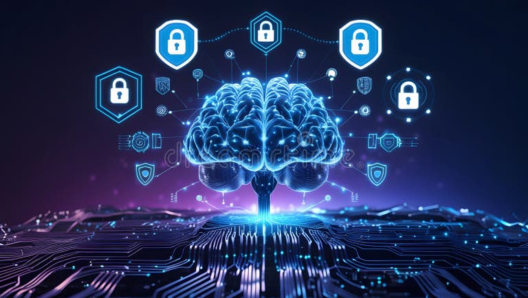 Futuristic Cybersecurity Concept Featuring Digital Brain Stock Photo ...