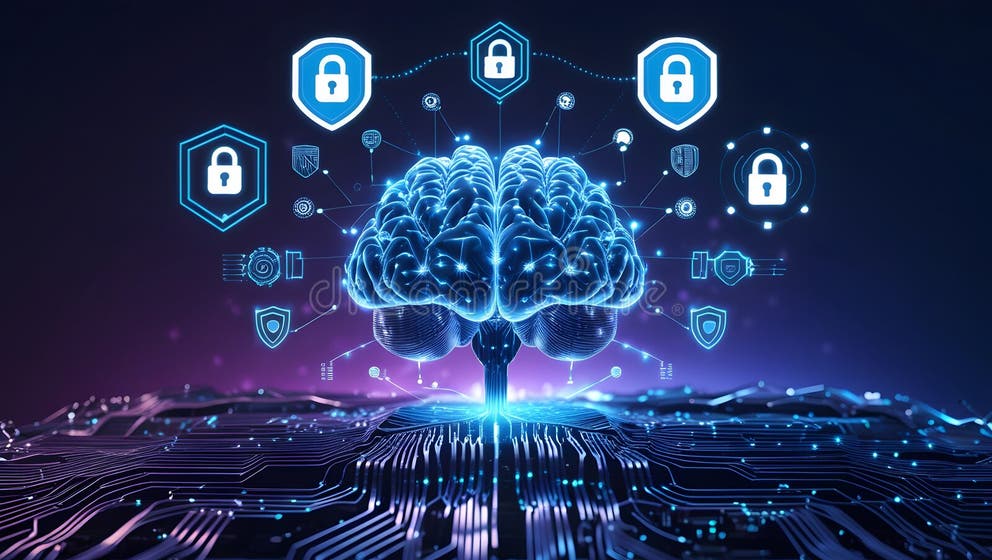 Futuristic Cybersecurity Concept Featuring Digital Brain Stock Photo ...