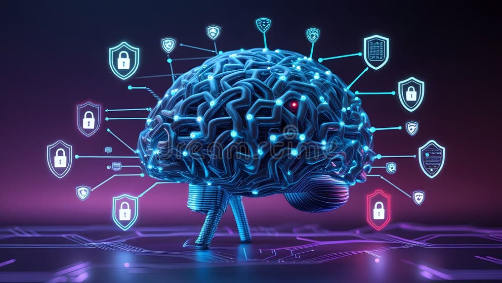 Futuristic Cybersecurity Concept Featuring Digital Brain Stock Photo ...
