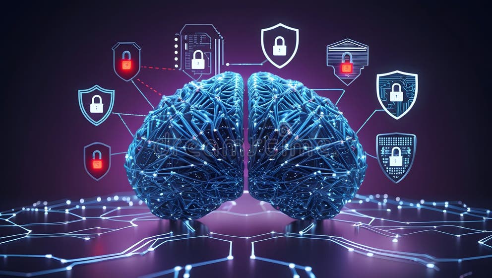 Futuristic Cybersecurity Concept Featuring Digital Brain Stock Photo ...