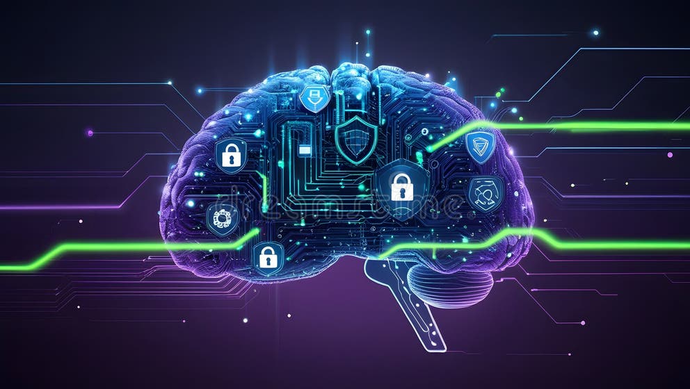 Futuristic Cybersecurity Concept Featuring Digital Brain Stock Image ...