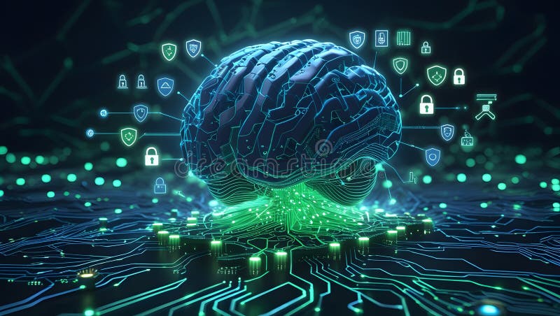 Futuristic Cybersecurity Concept Featuring Digital Brain Stock ...