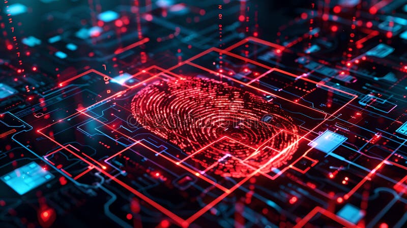 Futuristic Cybersecurity Concept with Glowing Fingerprint on Circuit Board. Digital Identity ...
