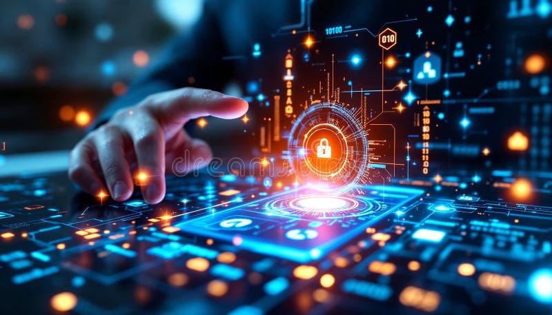 Futuristic Cybersecurity Concept with Holographic Lock and Biometric Authentication Stock ...