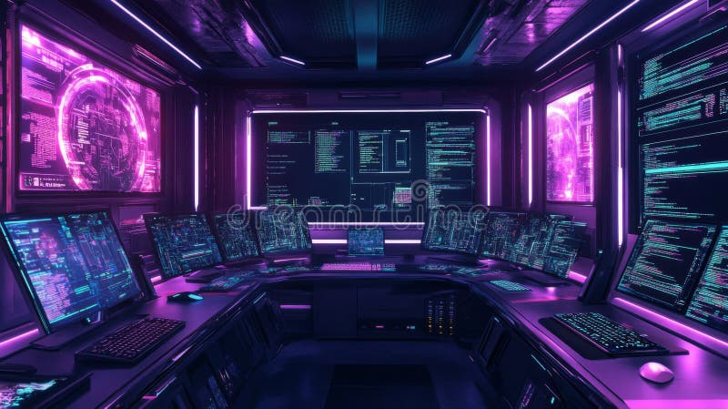 Futuristic Cybersecurity Control Room with Glowing Screens Stock Illustration - Illustration of ...