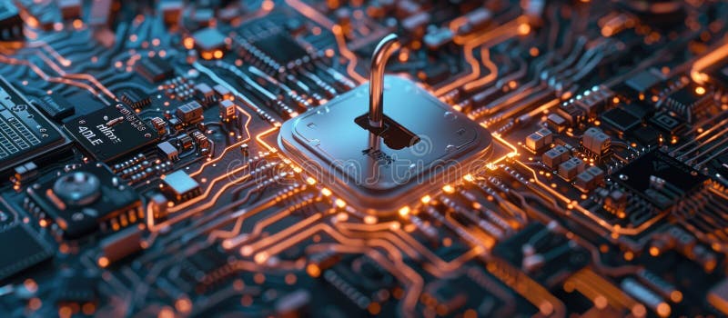 Futuristic Cybersecurity with Digital Lock on Circuit Board, Encryption ...