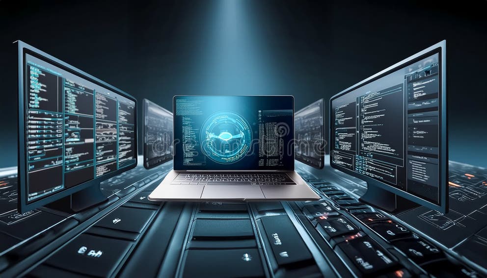 Futuristic Cybersecurity Interface with Code on Multiple Computer ...