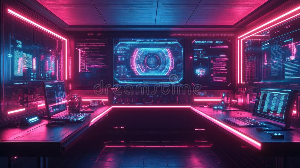 Futuristic Cybersecurity Room with Neon Lights and Monitors Stock ...
